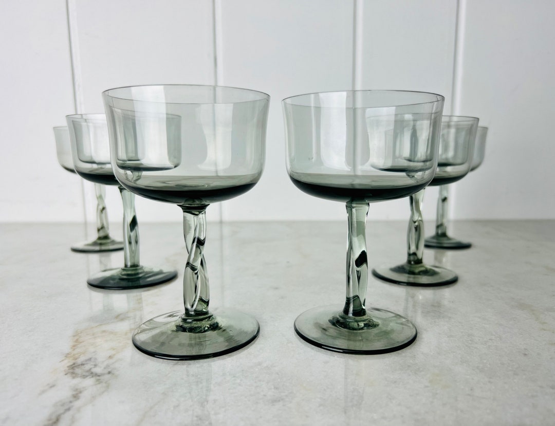 Vintage Smoked Glass Coupe Glasses, Set of 6, 1970s Hand Blown With ...