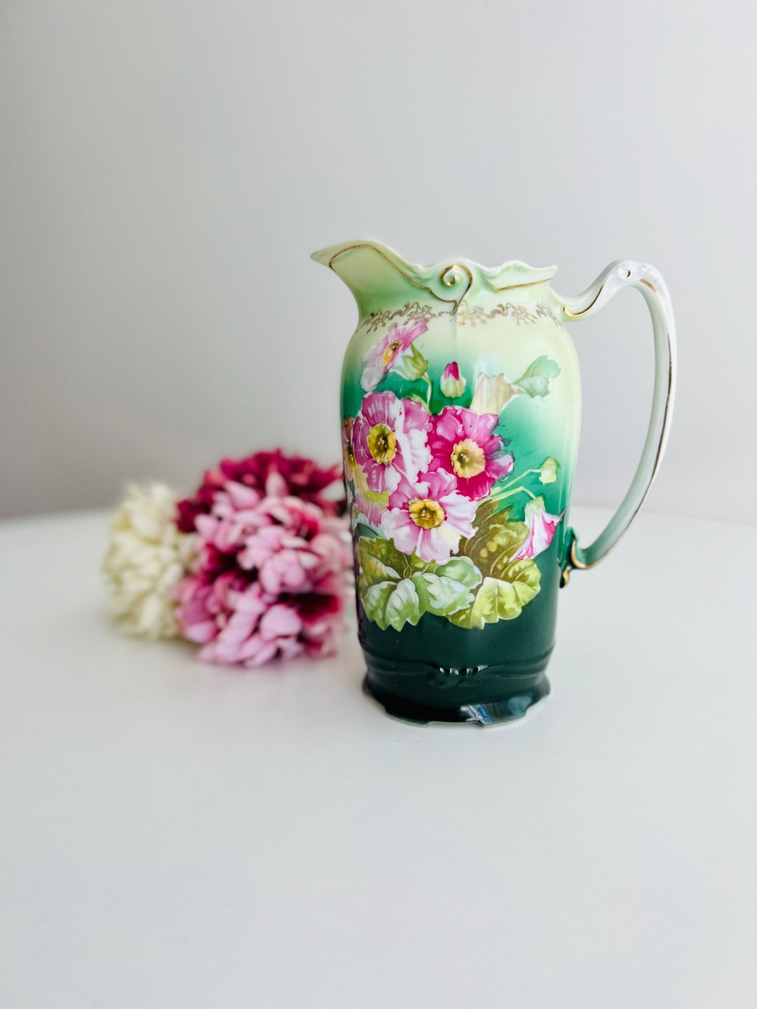 Antique Ewer Vase, Victorian Pink and Green Floral Painting, English ...