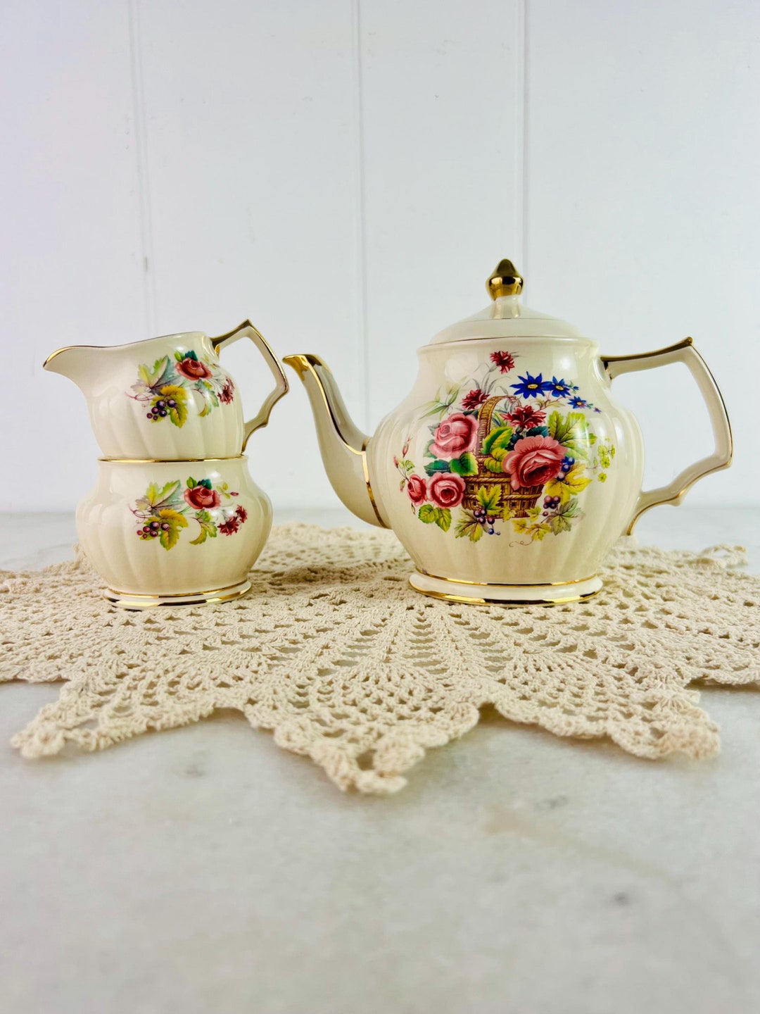 Vintage Sadler Tea Set, Teapot, Creamer, Sugar Bowl, 1940s Ivory, Pink ...