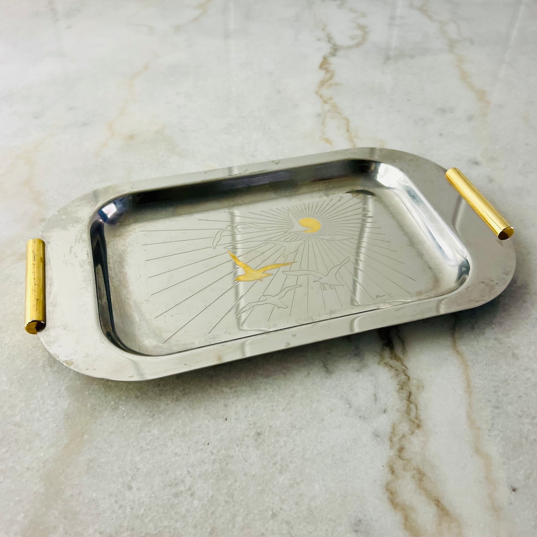 Vintage Steel Tray, Inox 18/10 Stainless Steel, Gold Handles by ALPU ...