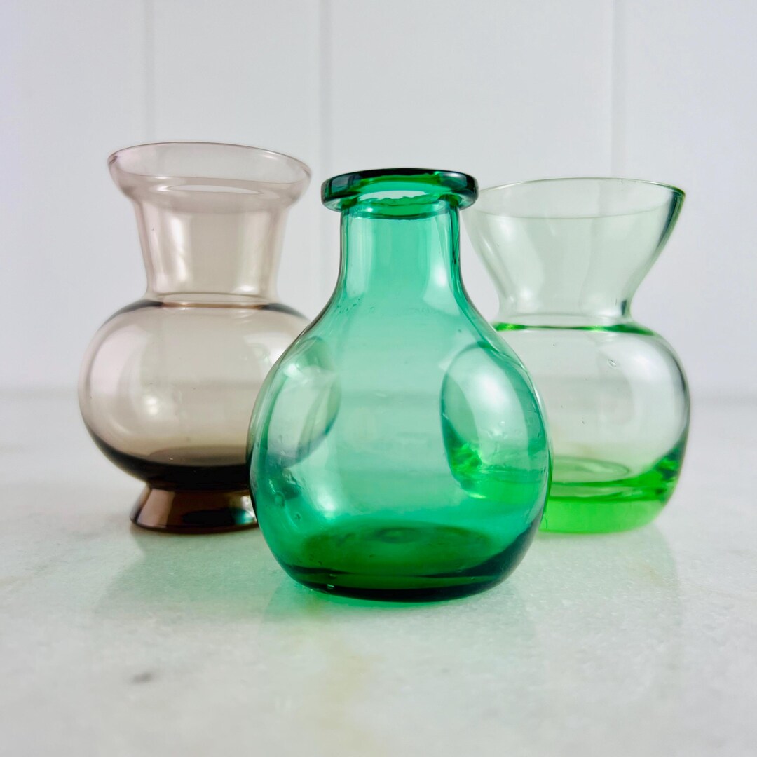 Vintage Miniature Glass Vases, Set of Three, About 3" Tall, Two Green ...