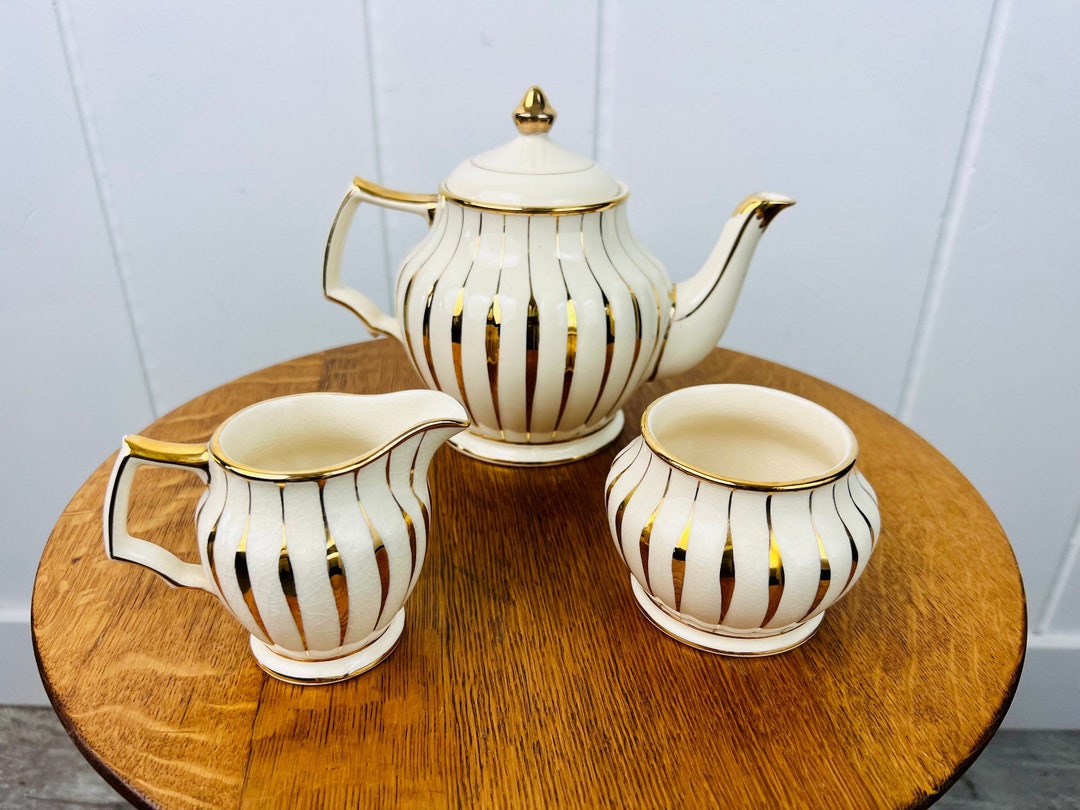 Vintage Sadler Ivory Teapot Set, Gold Stripe Tea Service, 1940s Decor ...