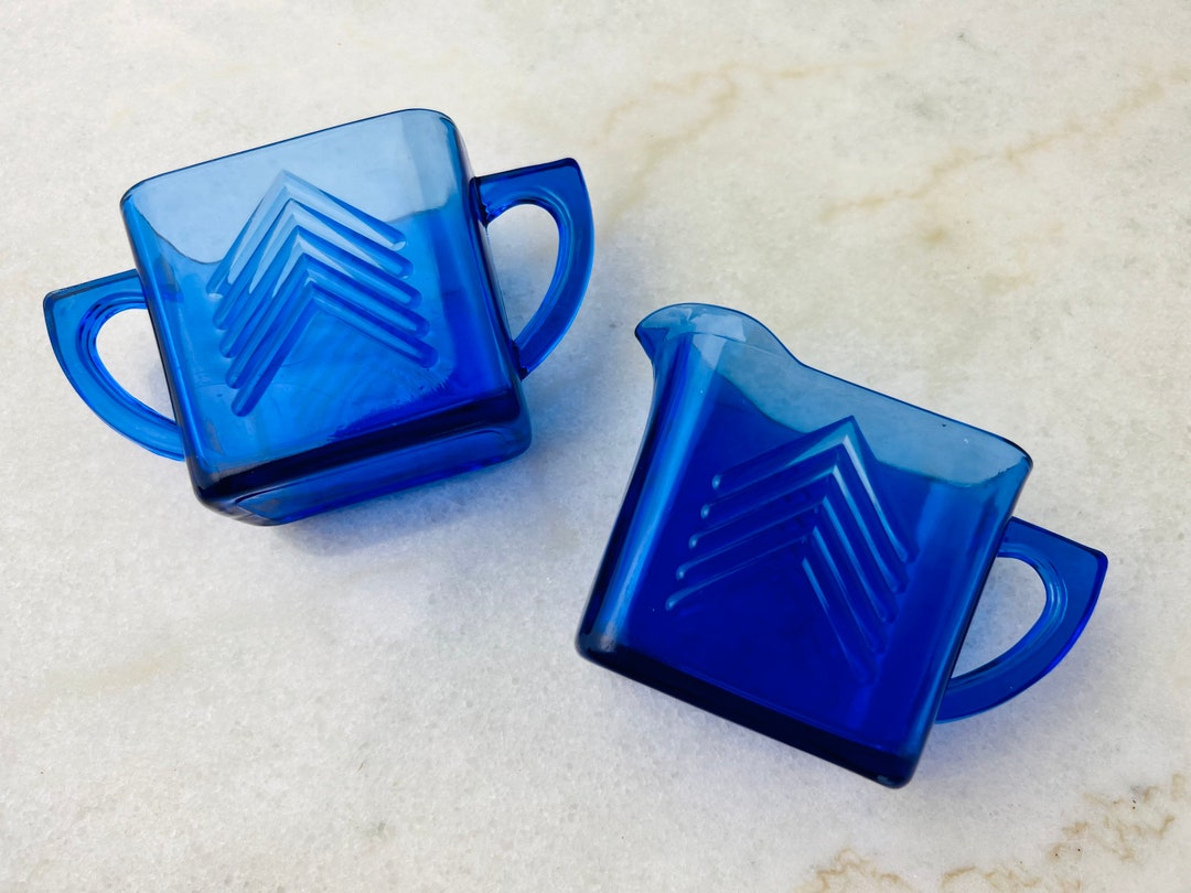 Vintage Hazel Atlas Cream and Sugar Set, Cobalt Blue Chevron Pattern ...
