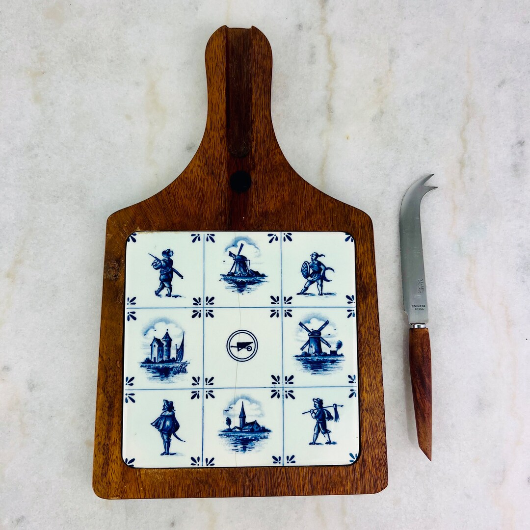 Vintage Dutch Wood and Tile Cutting Board With Stainless Steel Knife ...