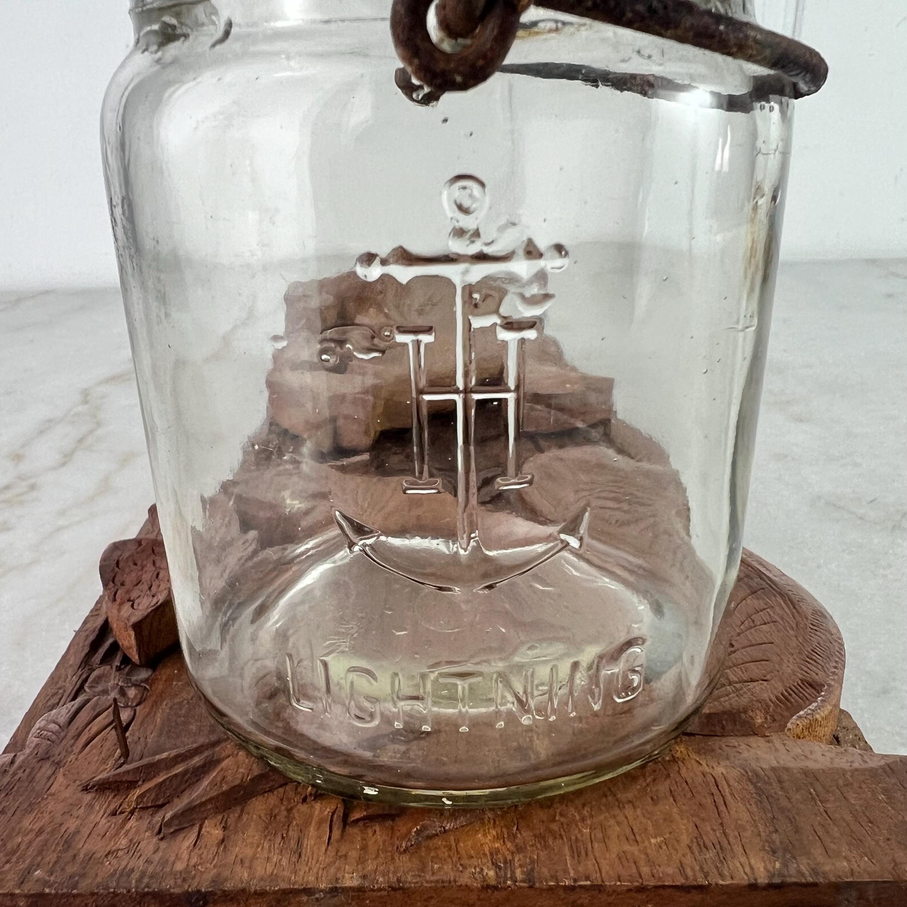 Rare 1930s Anchor Hocking Lightning Jar, Embossed Pint Size, Wire Bail ...