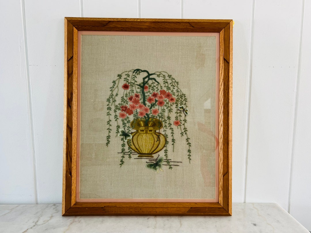 Huge 1950s Amaranth Crewel Framed, Jardiniere Vase With Flowers, Linen ...