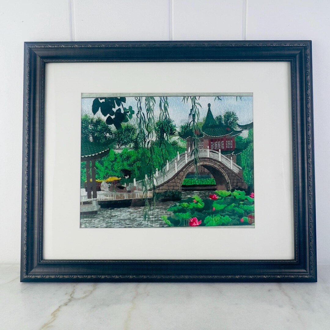 Vintage Asian Silk Thread Painting, Hand Embroidered, With Pagoda ...