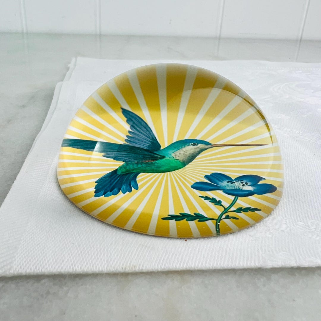 Vintage Glass Paperweight, Hummingbird and Sunburst, Blue and Yellow ...