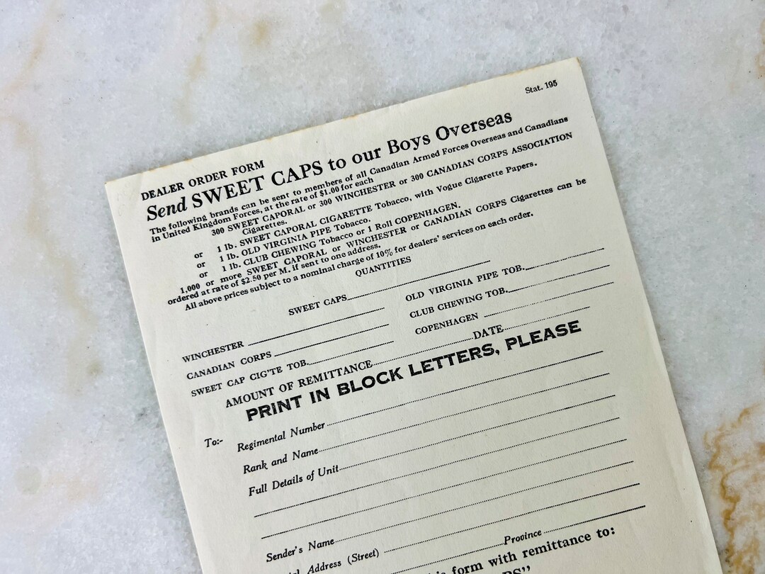 Antique 1940s Canadian Armed Forces Sweet Caps Order Form, to Send ...