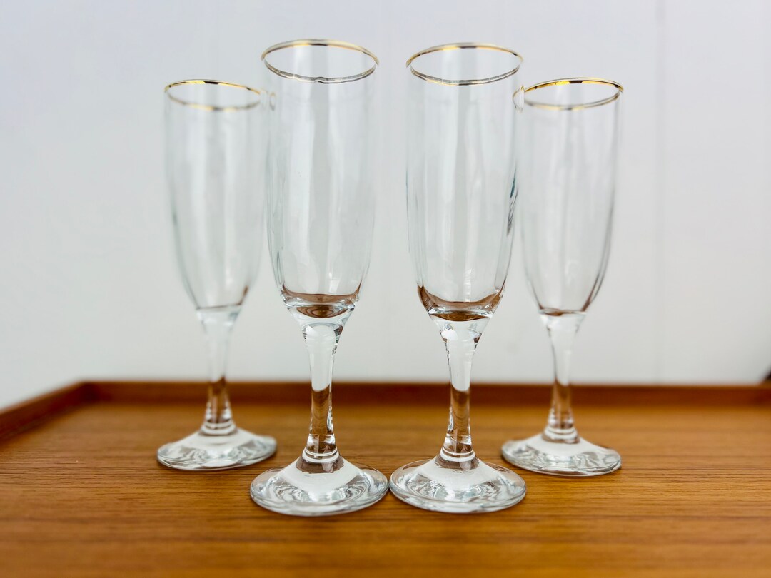 Vintage Fluted Champagne Glass Set of 6, Optic Swirl Pattern With Gold ...