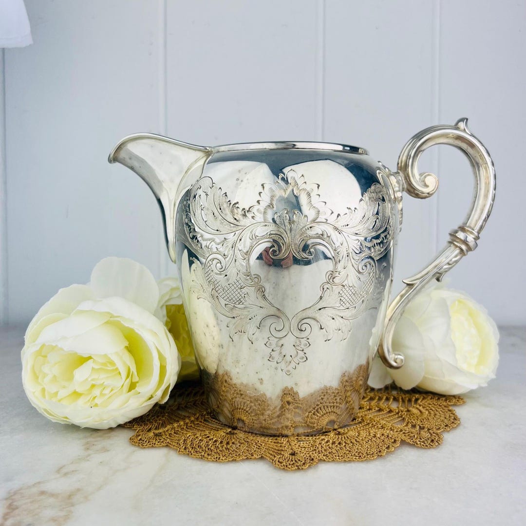 Vintage Silverplate Pitcher, Laurel Heart Etched Design, Ornate Handle ...