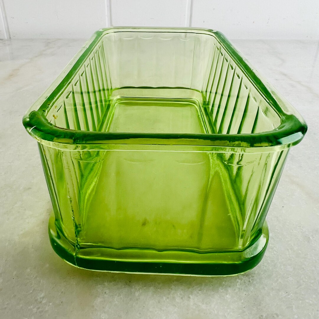 Vintage 1930s Green Depression Glass Rectangular Ribbed Refrigerator ...