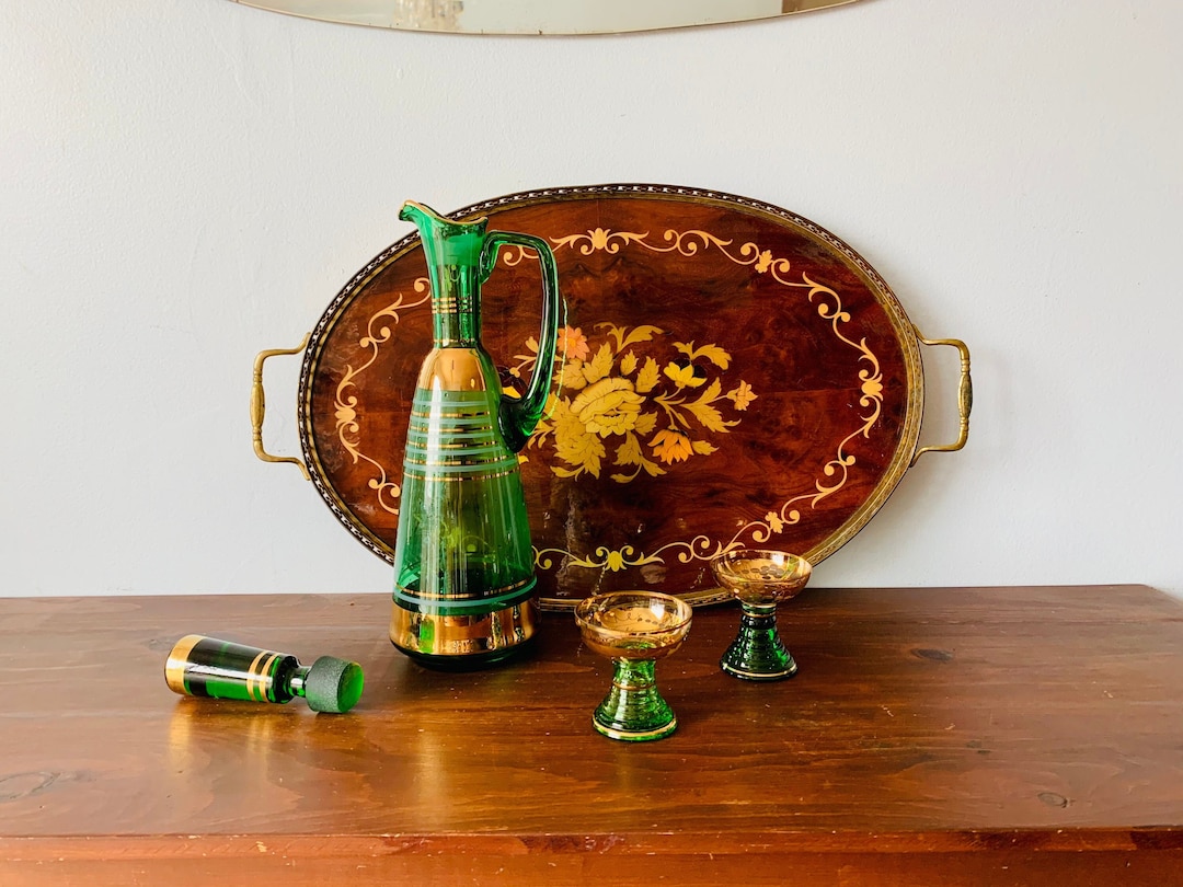 Vintage Romer Decanter, MCM Green Gold Glasses, Green Glass With Gold ...