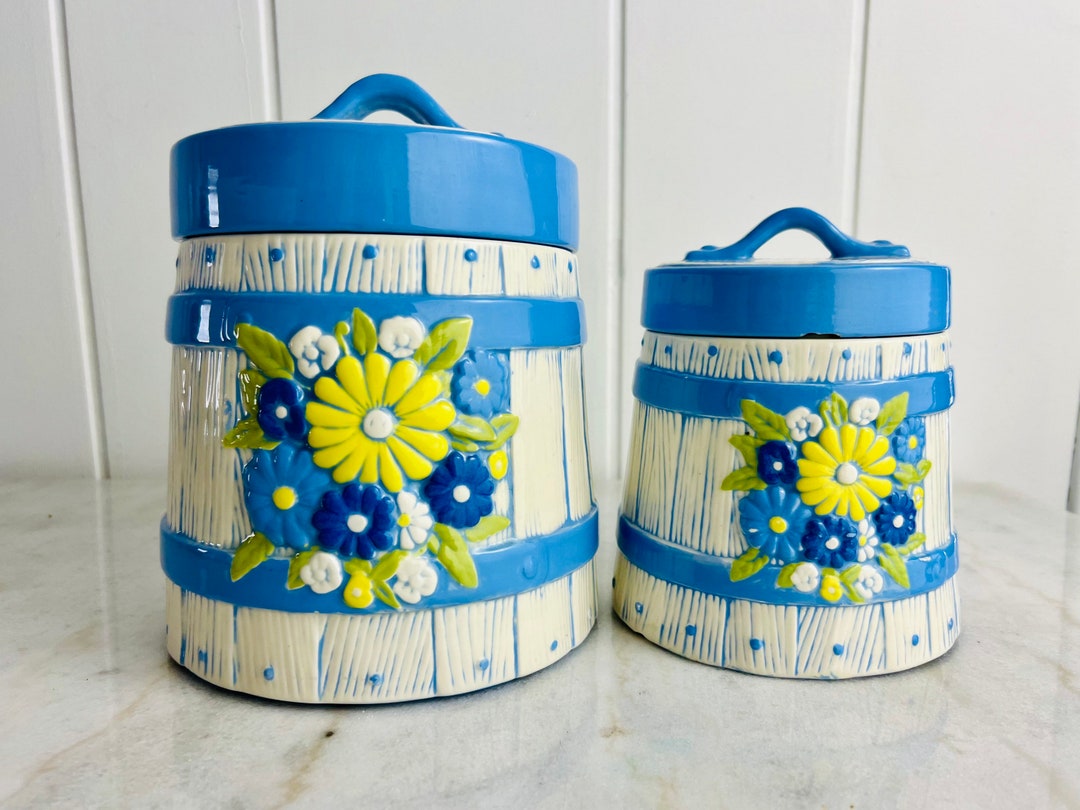 Vintage Daisy Ceramic Canister Set of 2, Blue and Yellow Floral Barrel ...