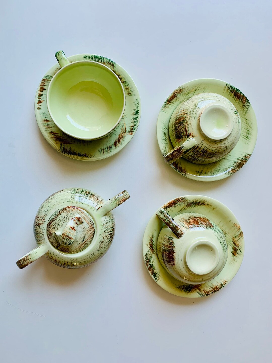 Vintage Vernonware Raffia Tea Set, 3 Teacups With Saucers and Sugar ...