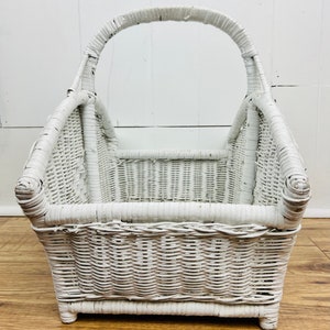 Vintage Wicker Magazine Rack Holder, Handled, White Wash, Diamond, for ...