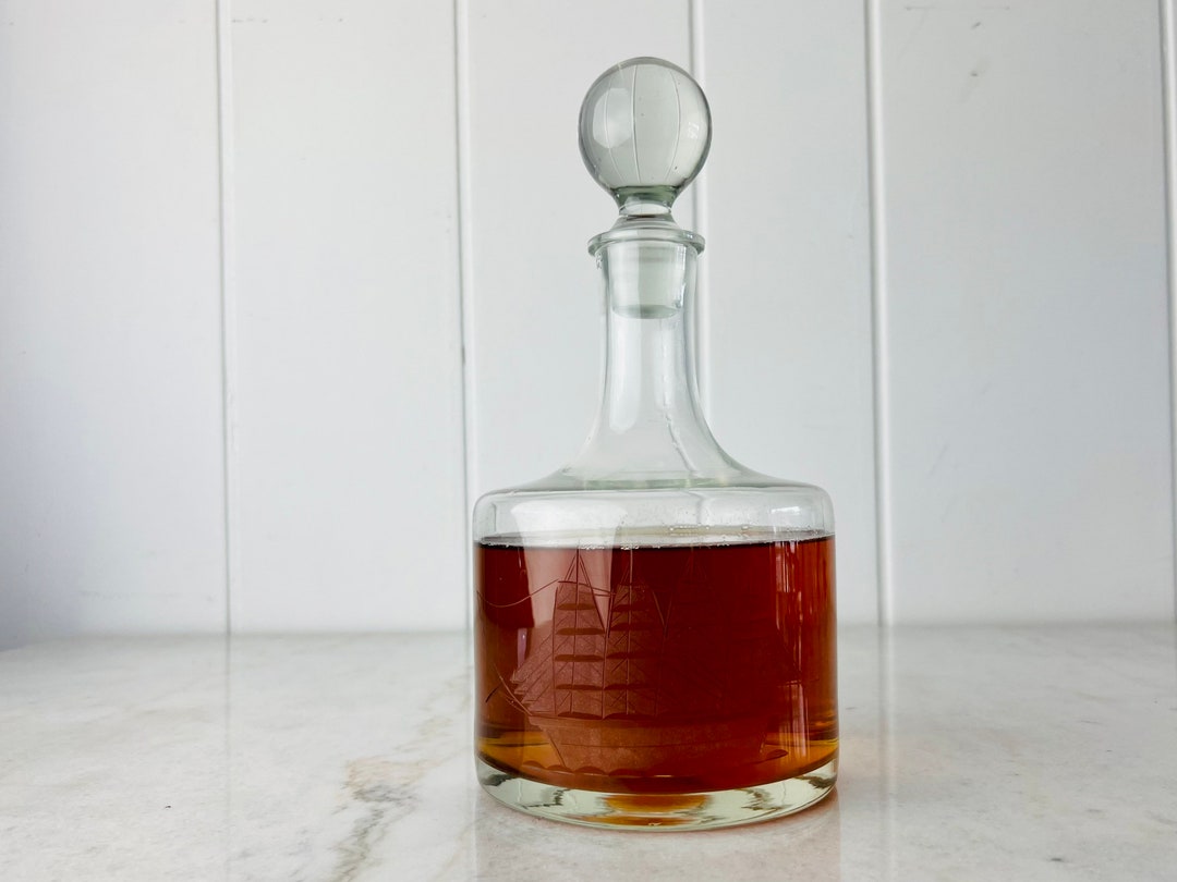 Vintage Liquor Round Decanter, Galleon Etching in Clear Glass for Mid ...