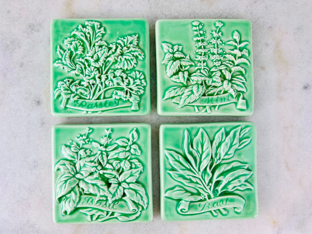 Rare Set of 4 Vintage Herb Ceramic Tiles, Embossed, From Original Style ...