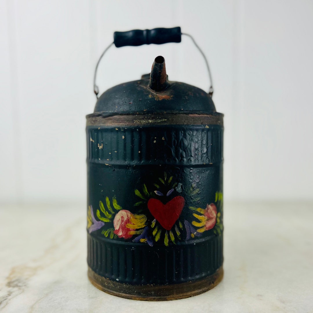 Antique 1940s Tole Painted Gas Can, With Wood Handle and Lid, Hand ...
