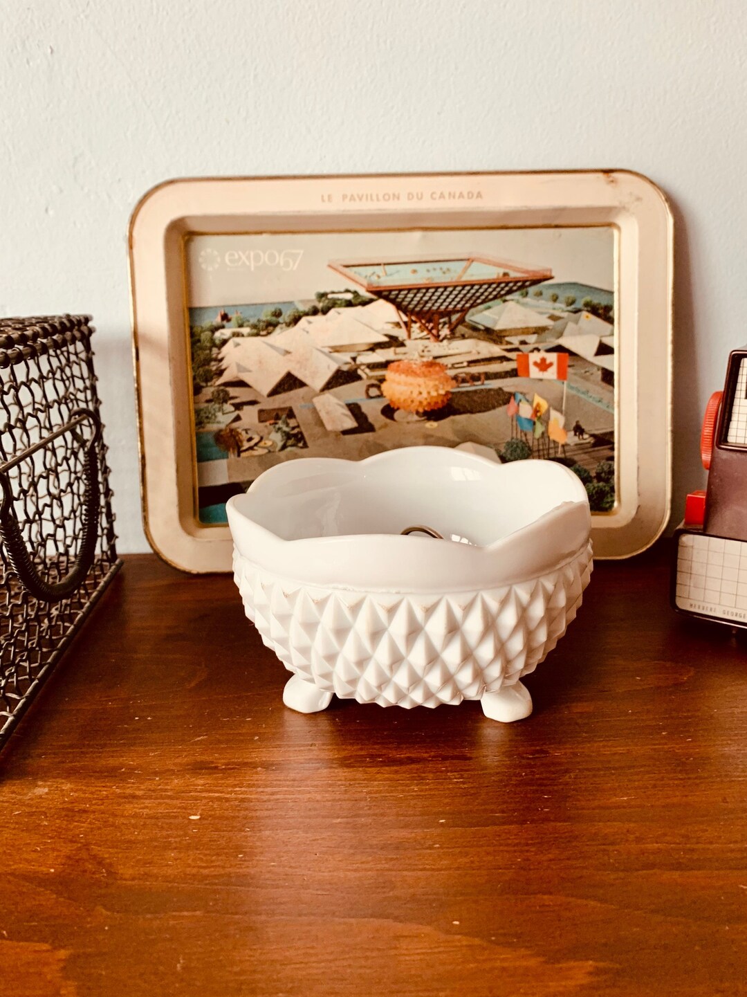 Vintage Indiana Glass Diamond Point Milk Glass Bon Bon Bowl With Three ...