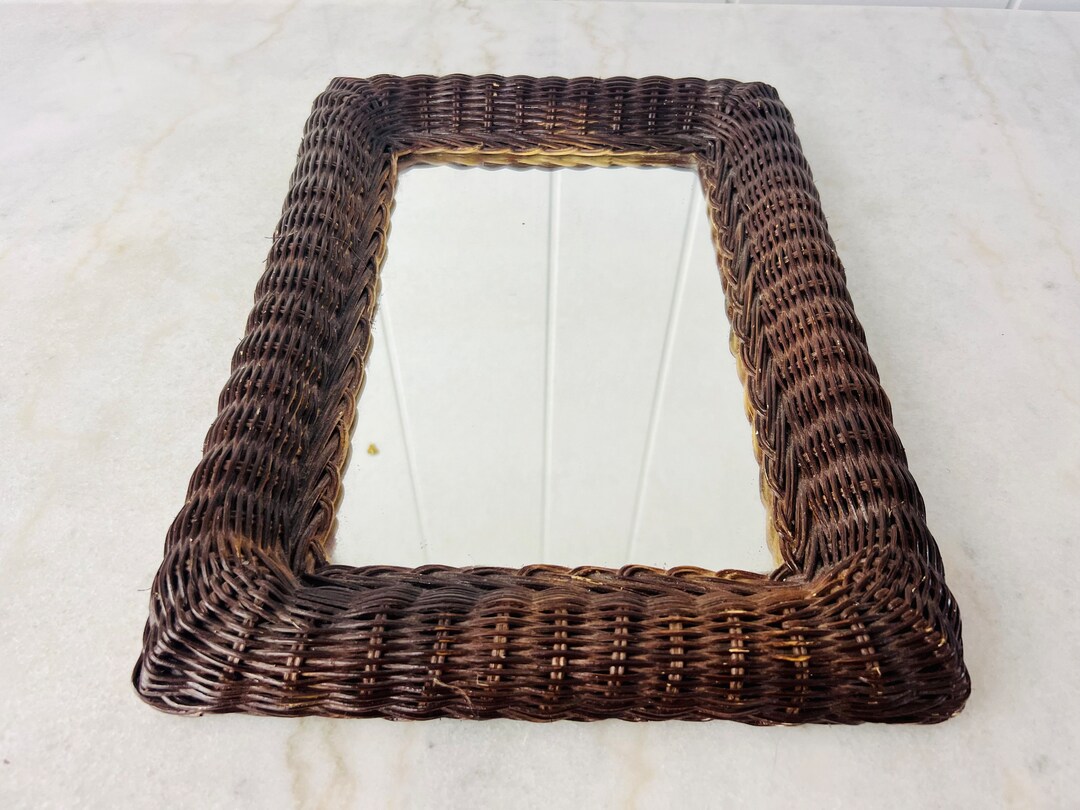 Vintage Wicker Mirror, 30 Cm 12 X 40 Cm 16 Brown Wood Frame, Vertical ...