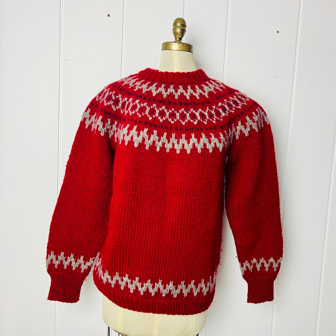 Vintage Hand Knit Wool Sweater, Large Size, Heavy Chunky Knit, Burgundy ...