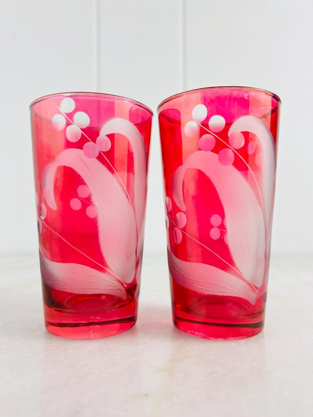 Vintage Hazel Atlas Cranberry Iridescent Glass Tumblers, Set of 2, Ruby Red Etched With Floral ...