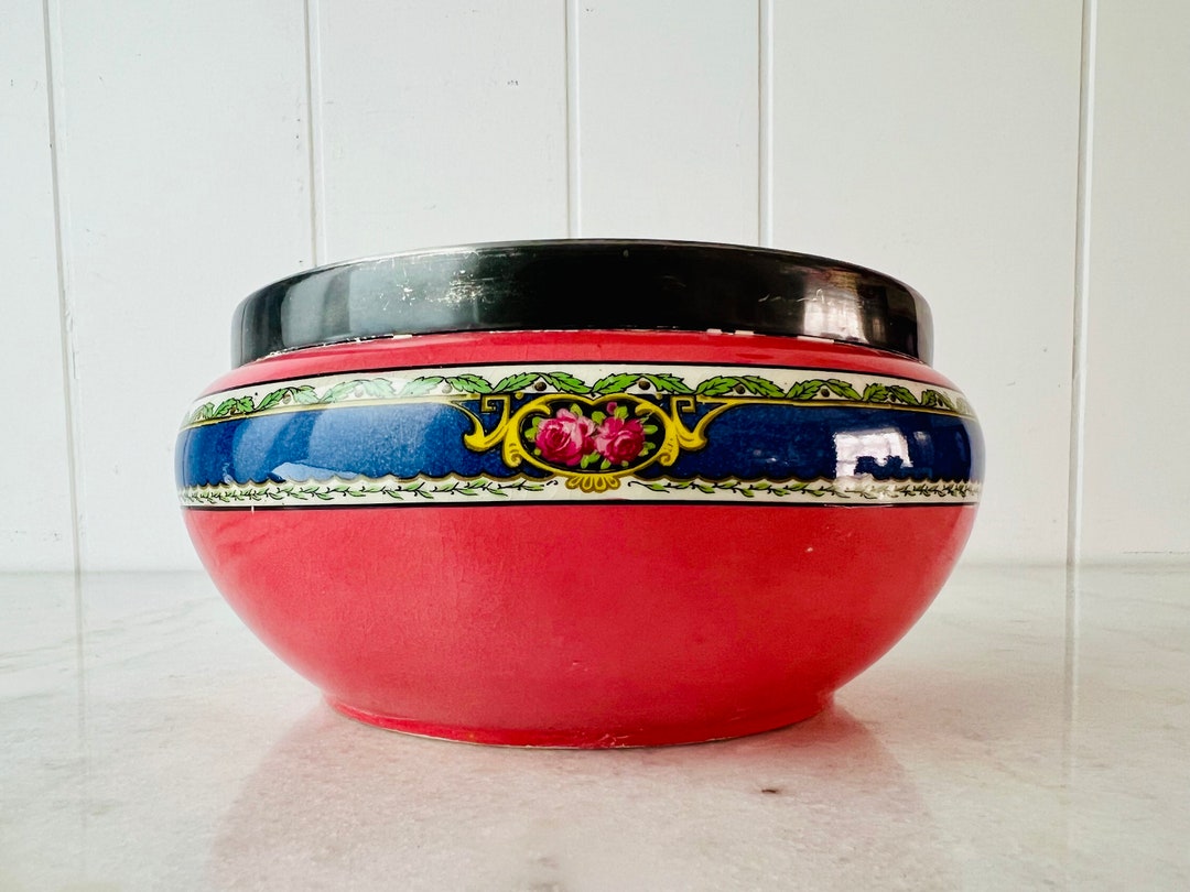 Vintage 1930s Grimwades Winton Ware Bowl, Silver Rim Floral Centerpiece ...