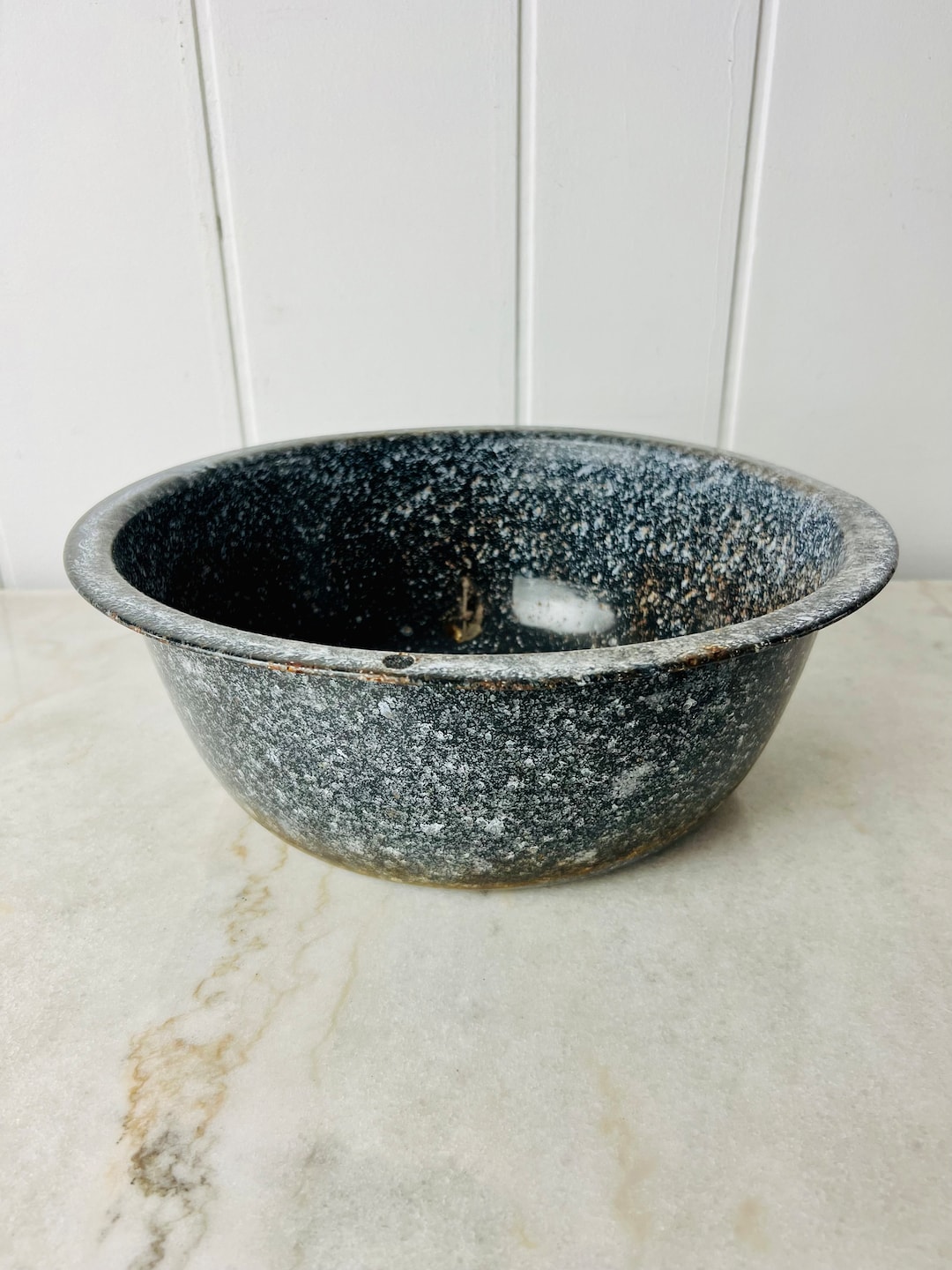 Vintage Large Splatterware Bowl, Enamelware, Black and White, Agateware ...