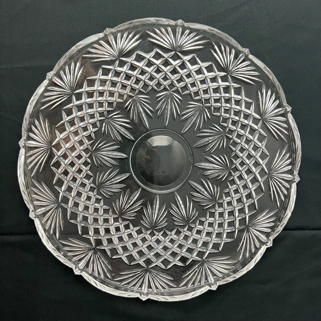 Vintage Crystal Platter, 12" Cut EAPG Glass With Fan, Crosshatch ...