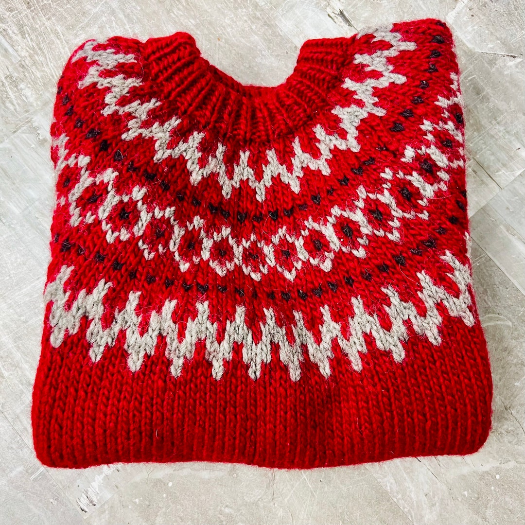 Vintage Hand Knit Wool Sweater, Large Size, Heavy Chunky Knit, Burgundy ...