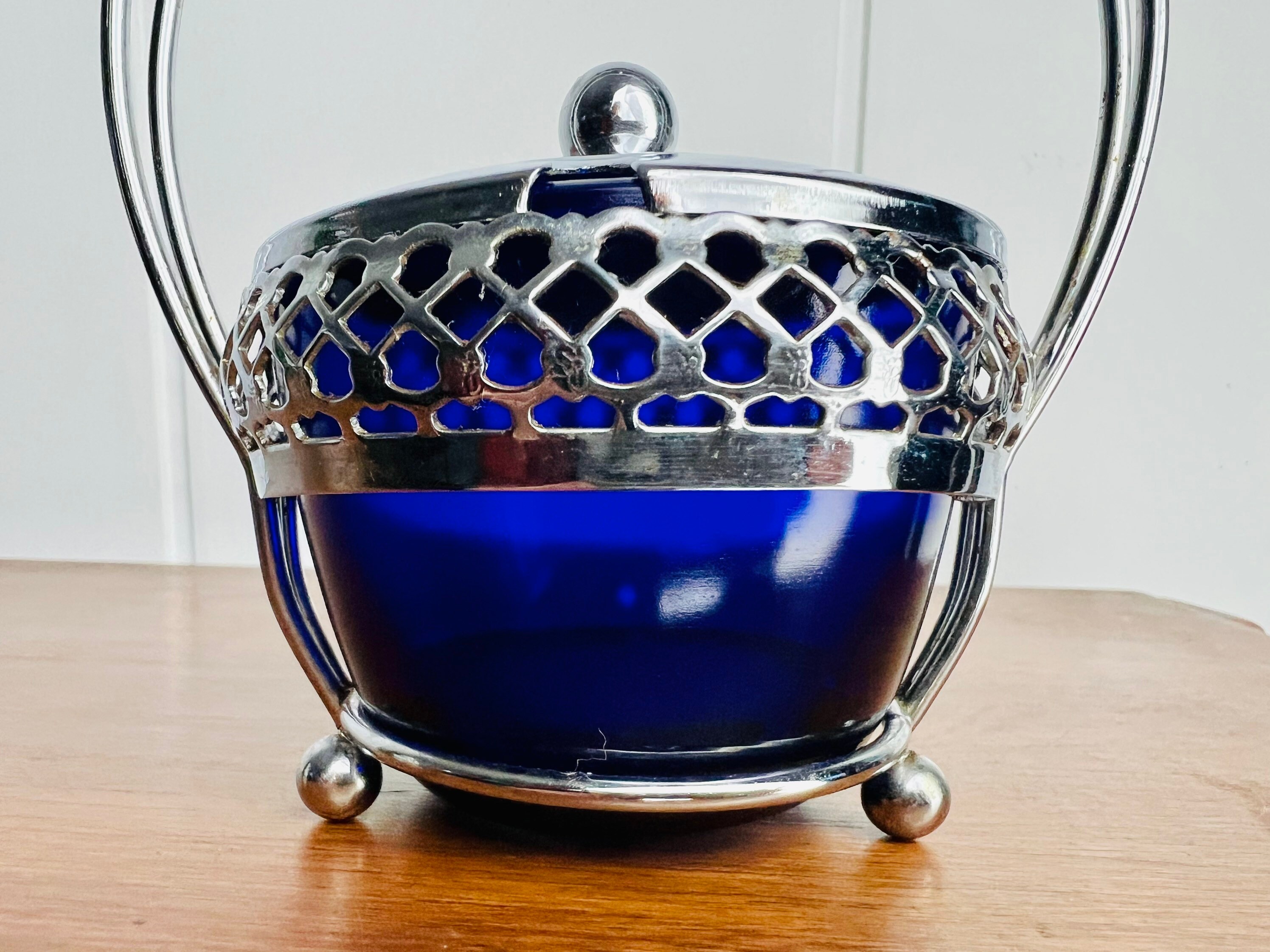Vintage Mayell Chromium Sugar Bowl With Handle and Lid Cobalt Blue ...
