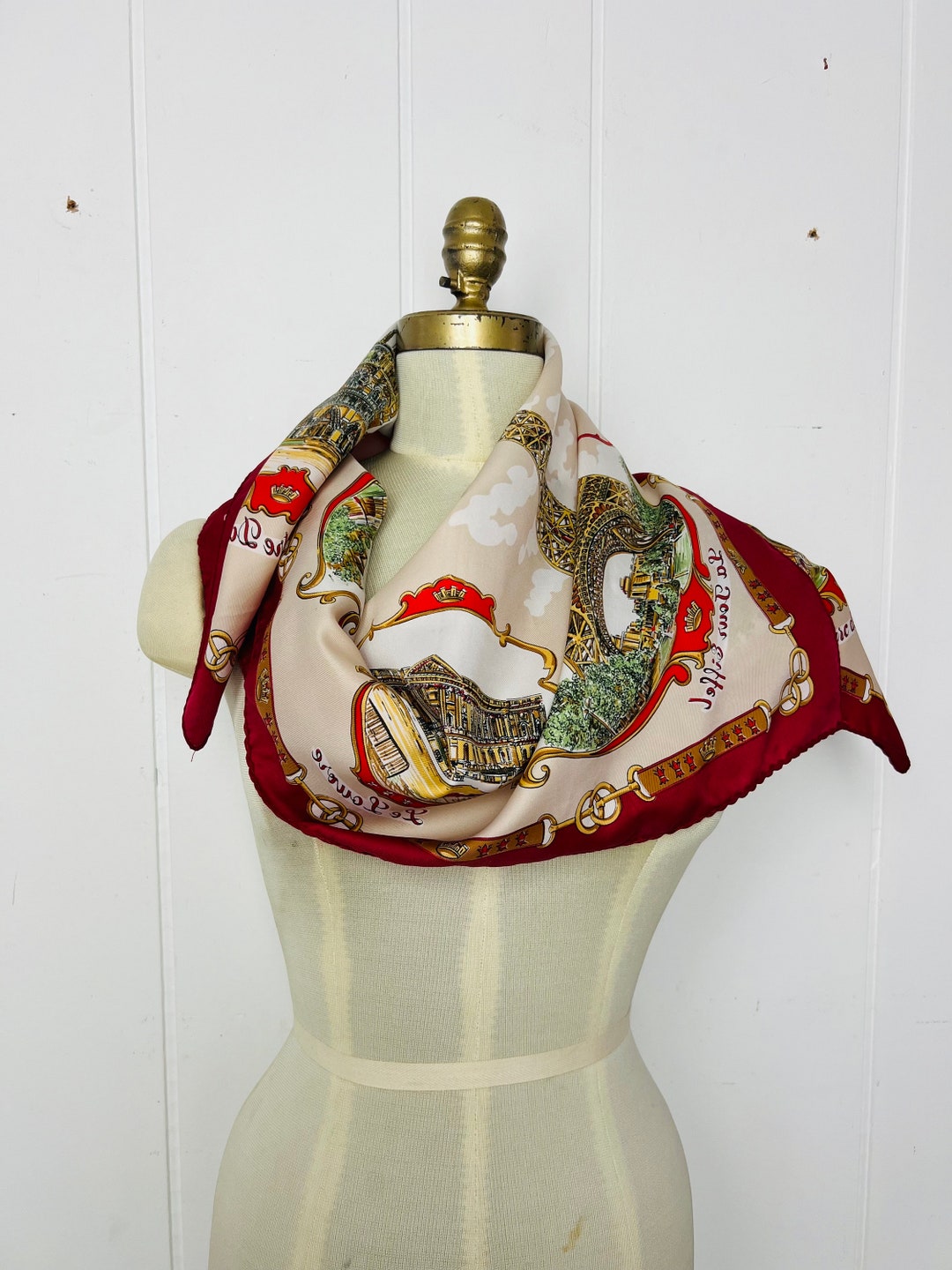 Vintage French Silk Souvenir of Paris Scarf, 30 Square, Features Notre ...