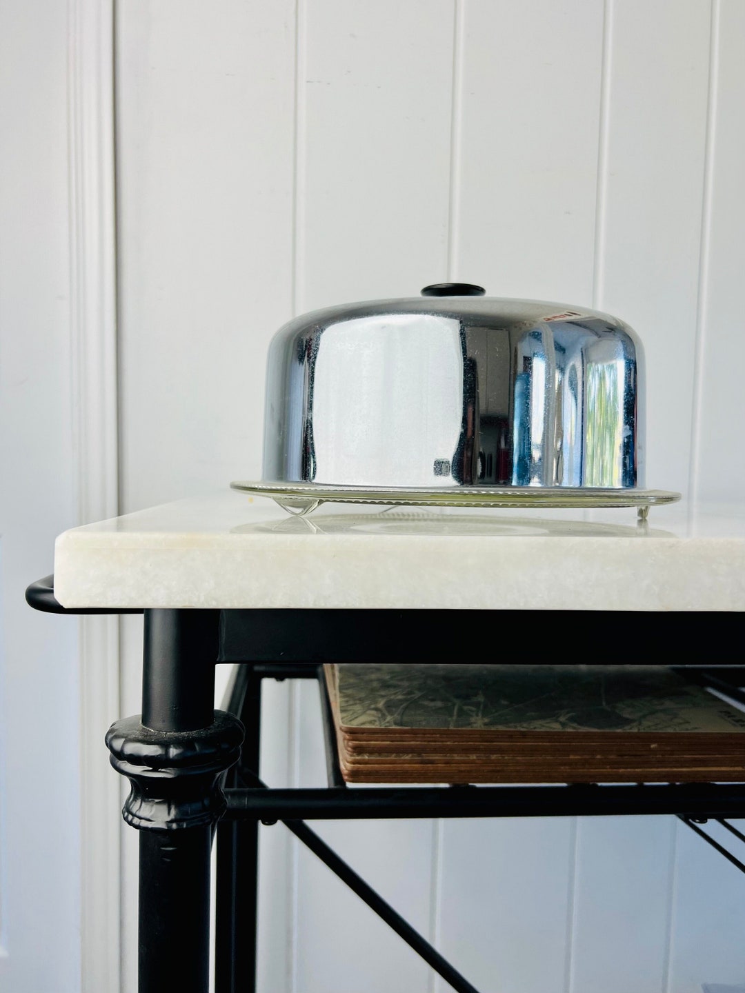 Vintage Cake Stand, Chrome Plated Starburst Pressed Glass Base, Lid ...