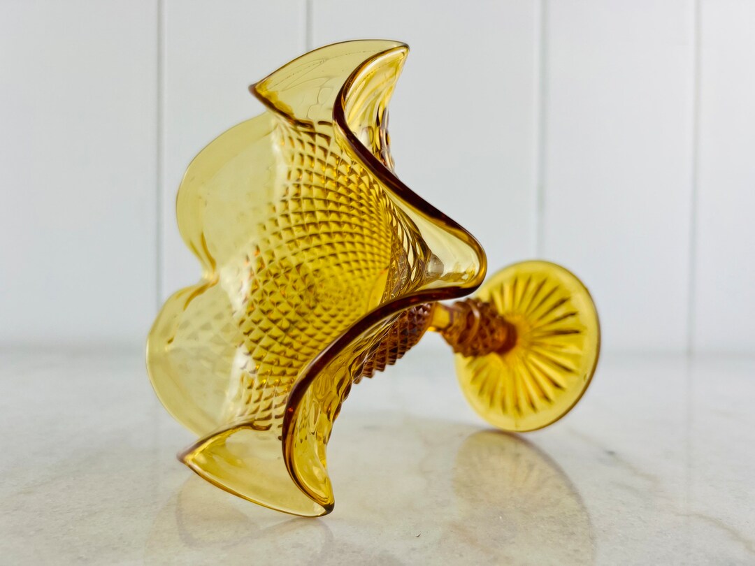 Vintage Indiana Glass Amber Compote, Ivima Pedestal Bowl, Diamond Point, Ruffled Edge, for Decor ...