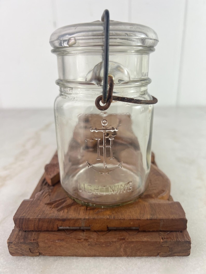 Rare 1930s Anchor Hocking Lightning Jar, Embossed Pint Size, Wire Bail ...