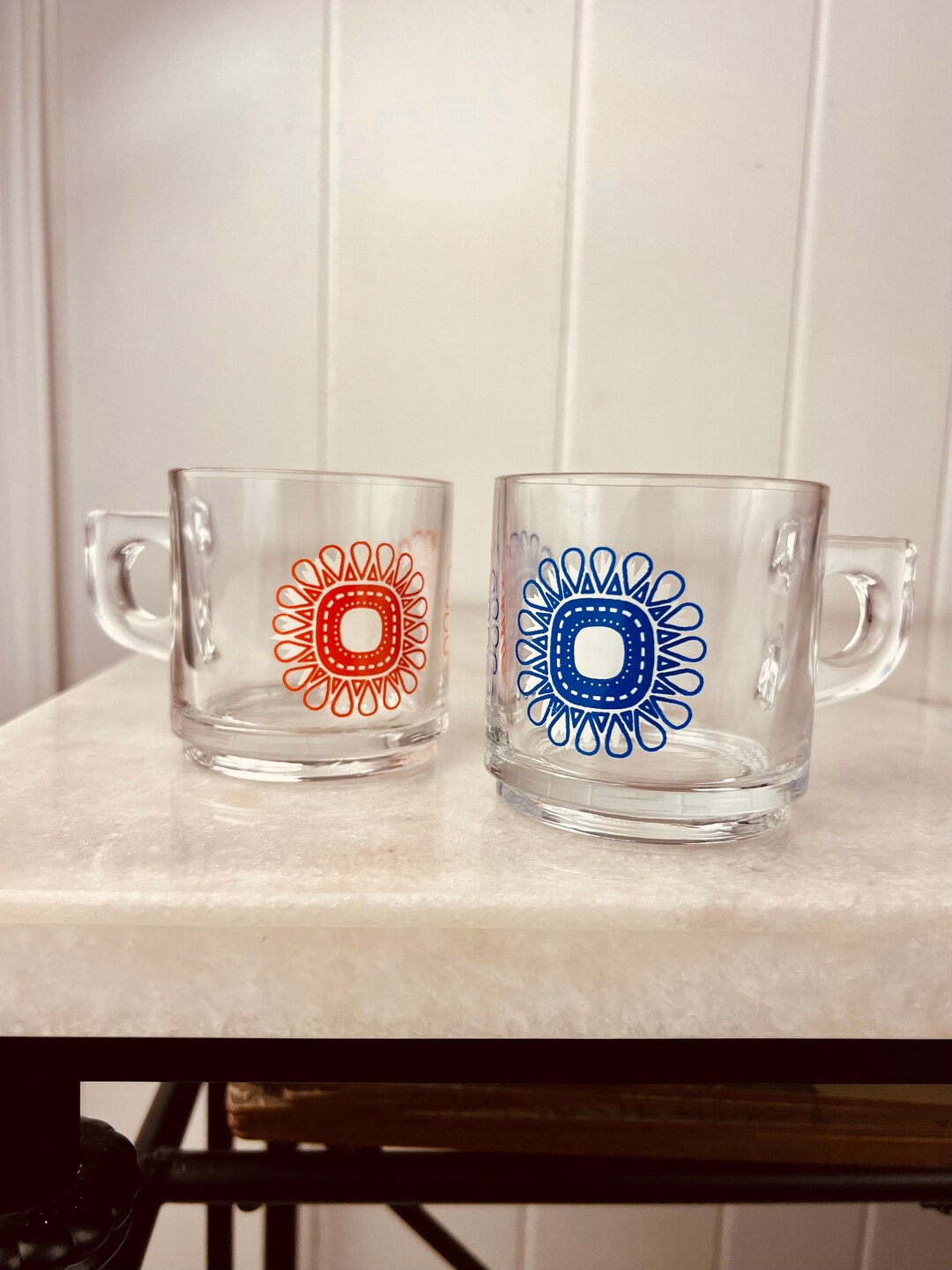 Vintage Italian Modernist Mug, Clear Glass Orange and Blue Sunflowers ...