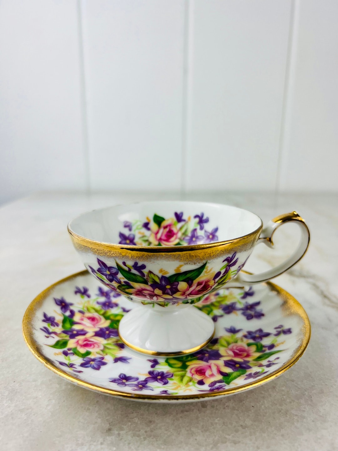 Vintage Shafford Bone China Teacup, Hand Decorated, Purple Violets and ...