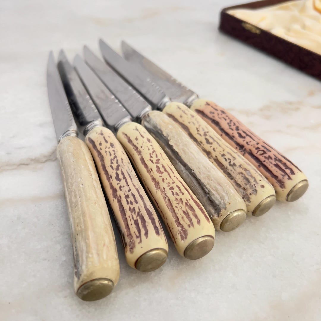 Vintage Glo Hill Stagmaster Stag Antler Steak Knife Set, Six, Sheffield ...