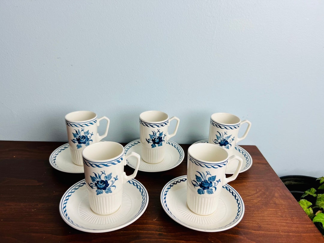 Vintage William Adams Baltic Tea Cup Set of 5, Tall Blue and White Cups ...