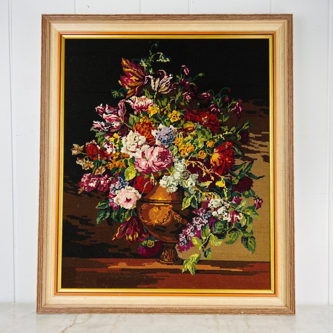 Huge Framed Vintage Needlepoint Floral Still Life Flower Needlepoint ...