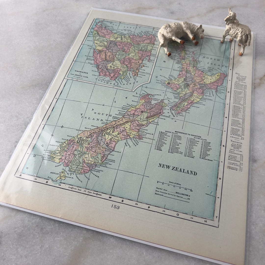 Antique 1880s Lithograph Map of New Zealand With Counties, and Tasmania ...