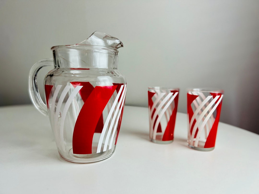 Vintage Hazel Atlas Pitcher and Glasses Set of 3, Ice Lip, Candy Stripe ...