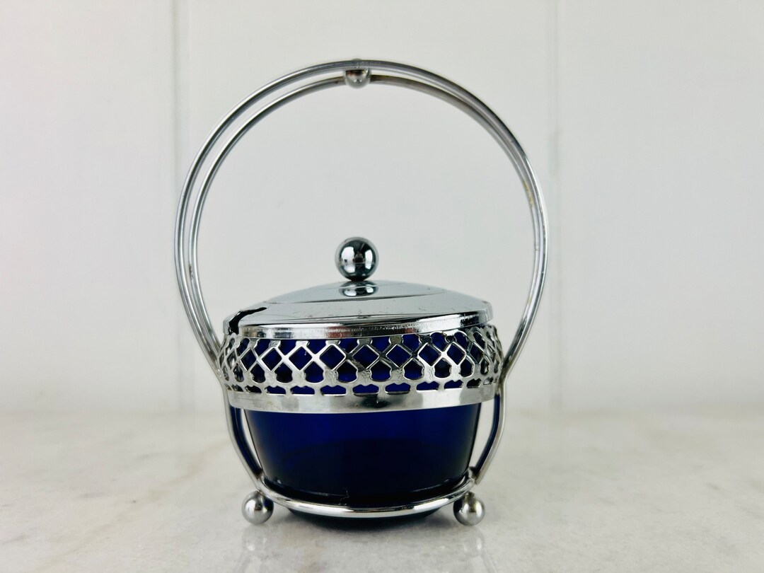 Vintage Mayell Chromium Sugar Bowl With Handle and Lid Cobalt Blue ...