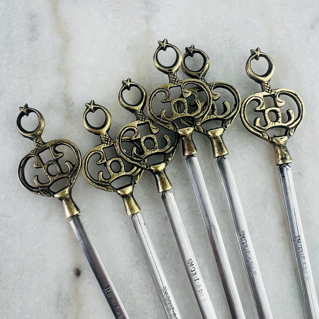 Vintage Shish Kabob Skewers Decorative Brass Handles Inoxable Turkish ...