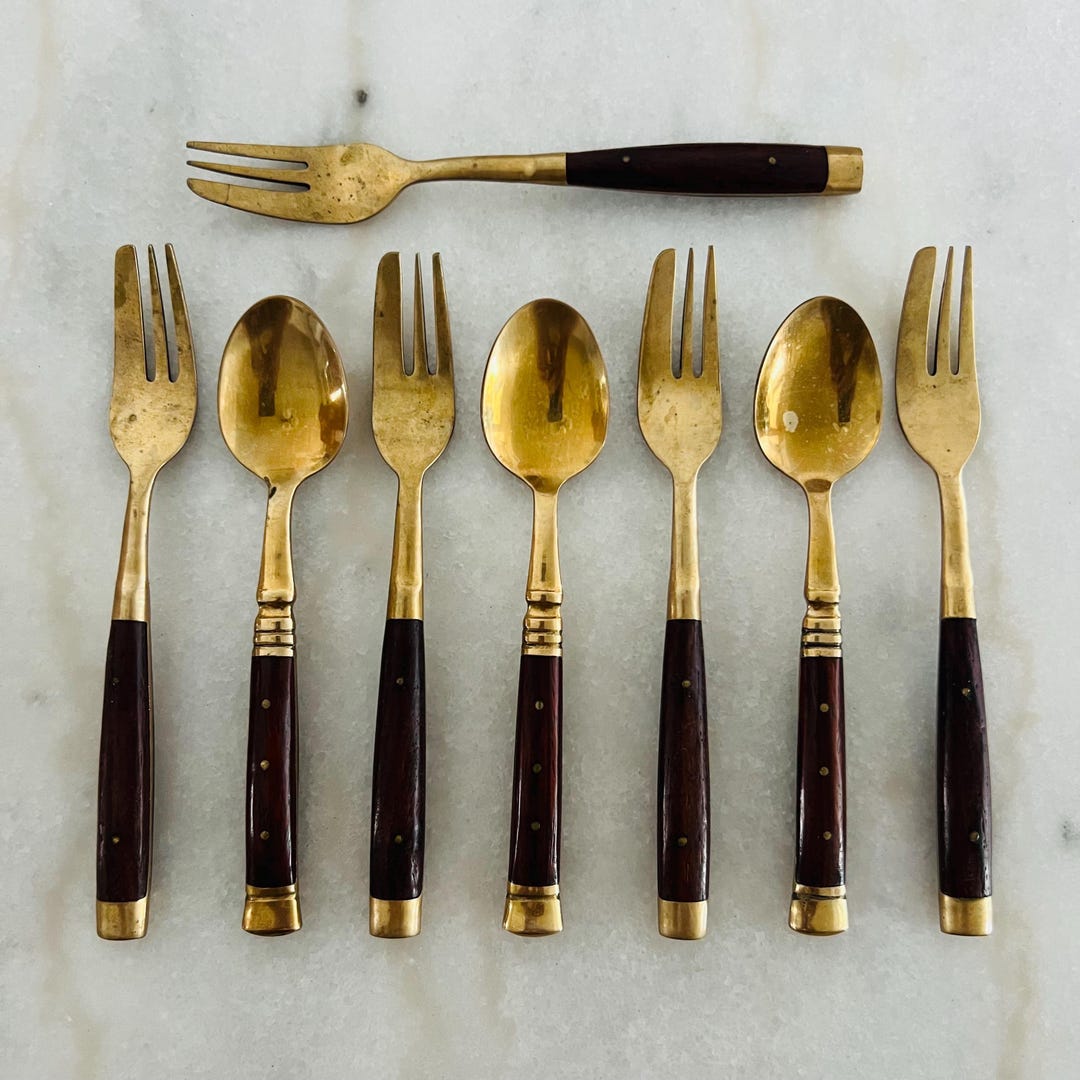 Vintage Siam Brass Dessert Fork and Teaspoon Set, Rosewood Handles, Mid ...