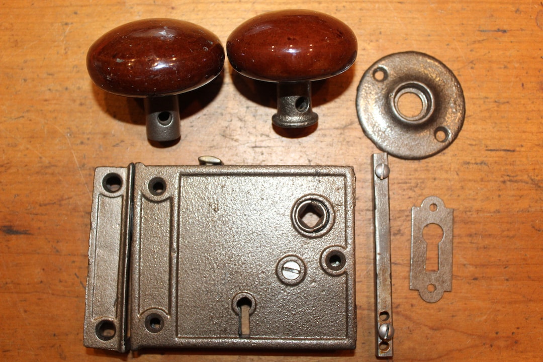 Restored Antique Cast Iron Rim Lock 038 Set With Knobs, Keyhole ...