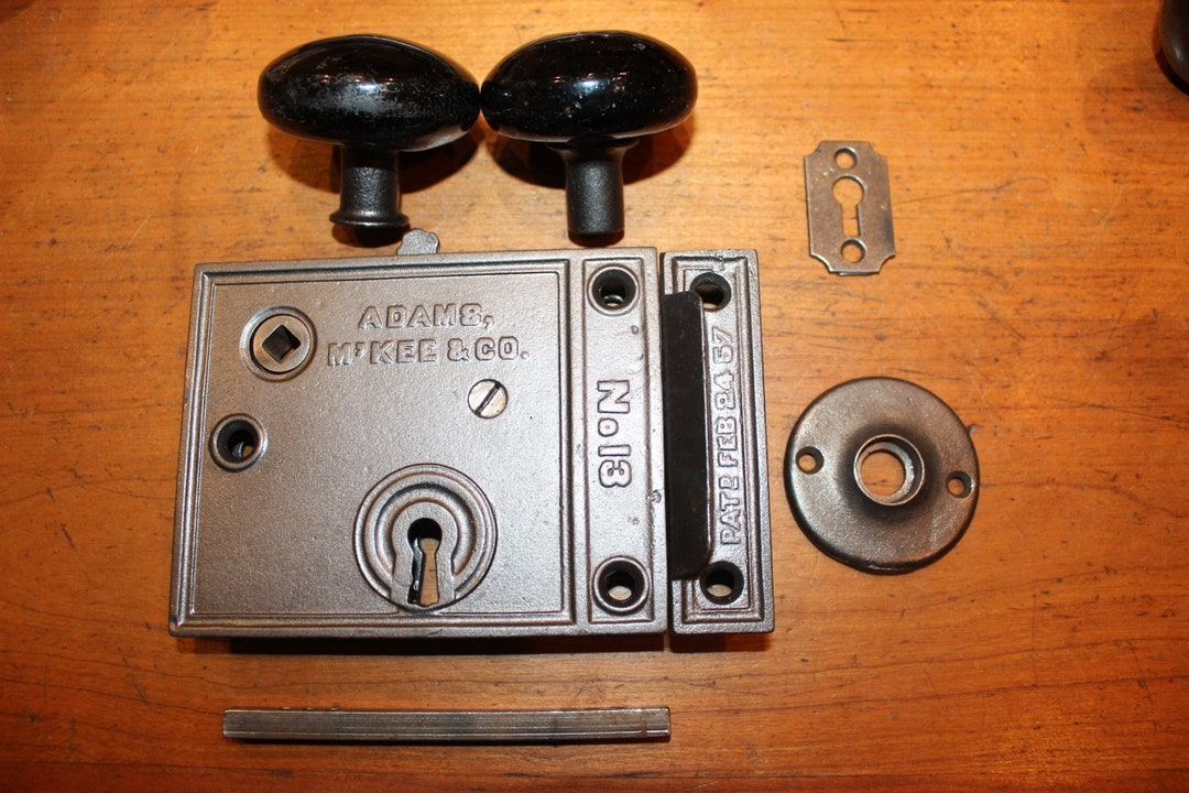 Restored Adams M'kee Cast Iron Rim Lock Set With Knobs, Keyhole ...