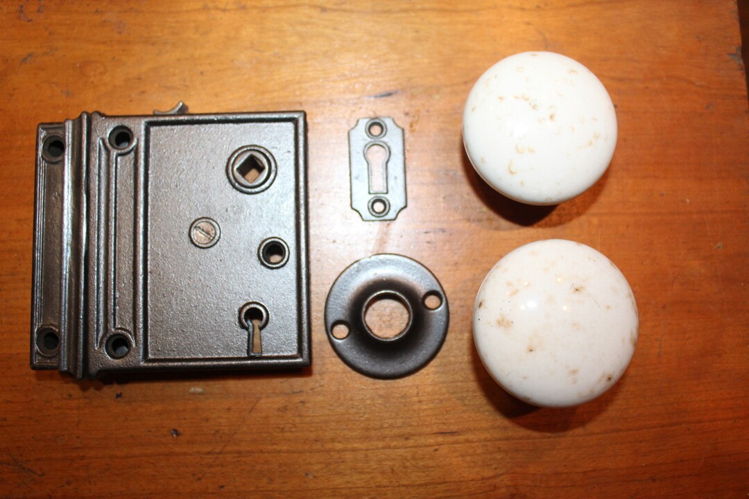 Restored Antique Cast Iron Rim Lock Set With Knobs, Keyhole, Rosette R ...