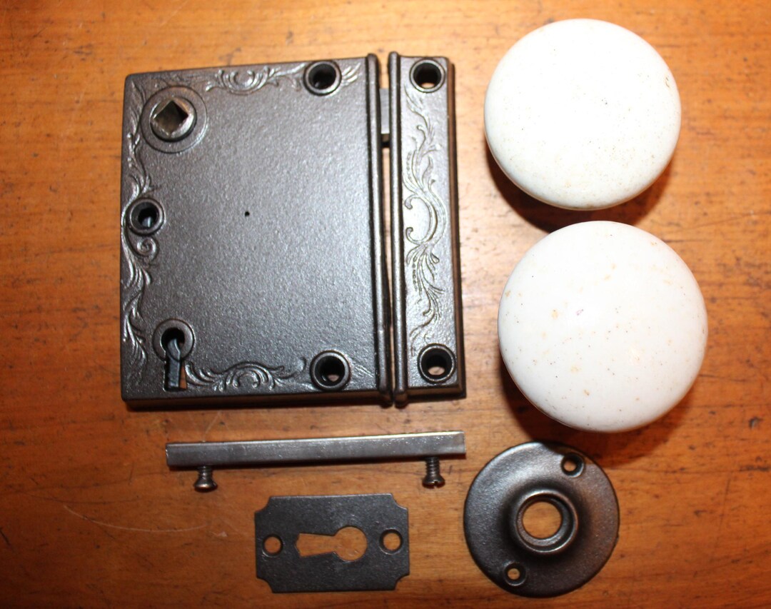 Restored Antique Cast Iron Rim Lock Set With Knobs, Keyhole, Rosette R ...